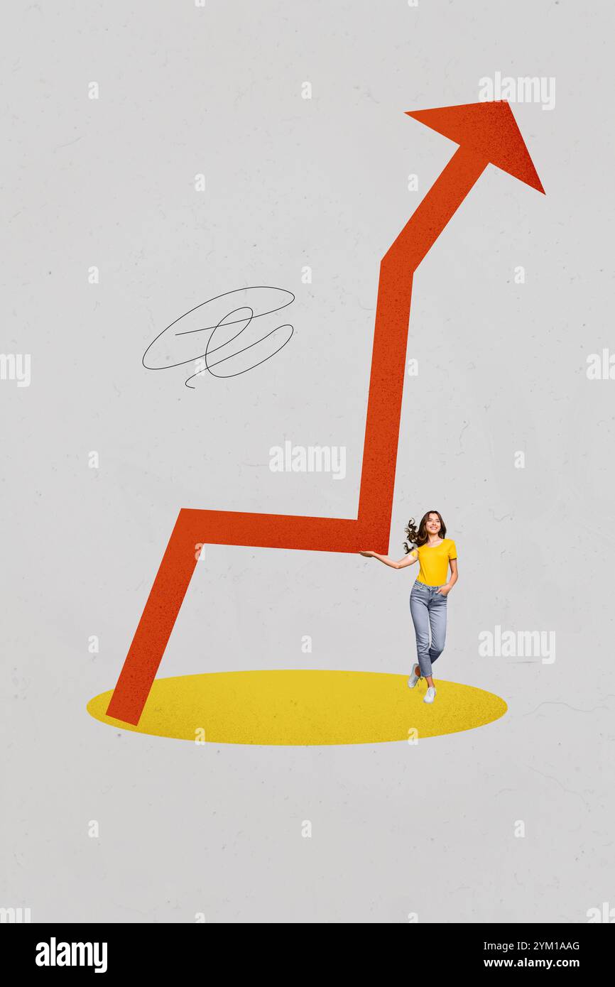 Vertical photo collage of happy girl show success promotion arrow ...