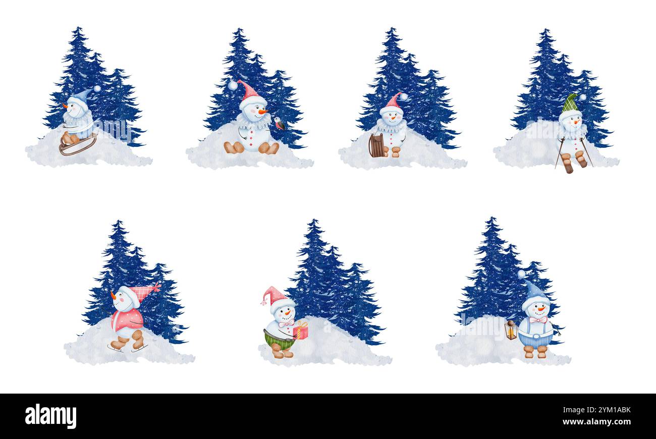 A set of snowmen sliding down a hill against a background of blue ...