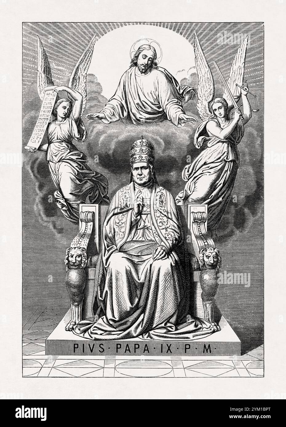 Portrait of Pope Pius IX with Jesus Christ and two angels. Engraving ...