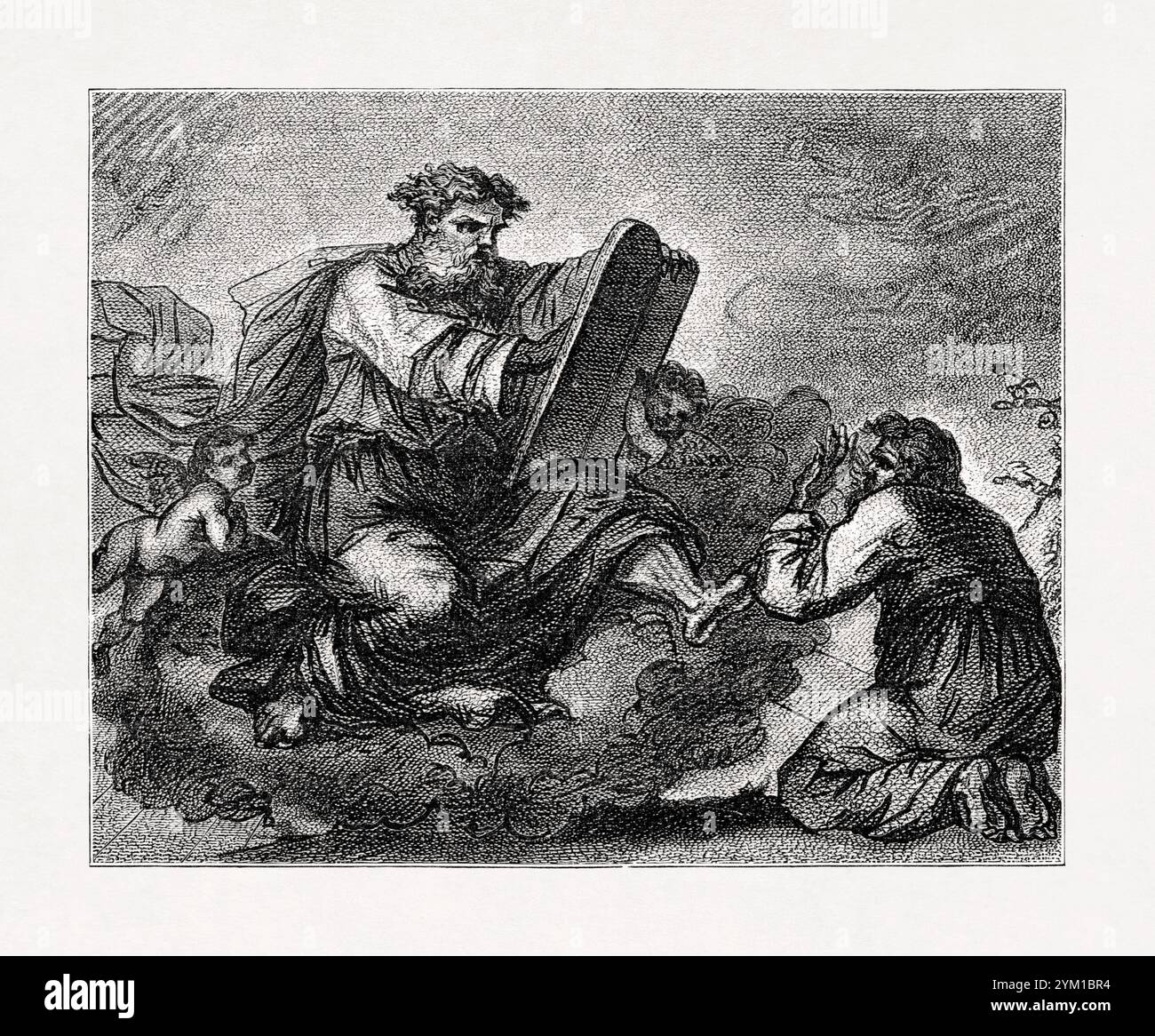 God writing the Decalogue before Moses. Engraving after a pen drawing ...
