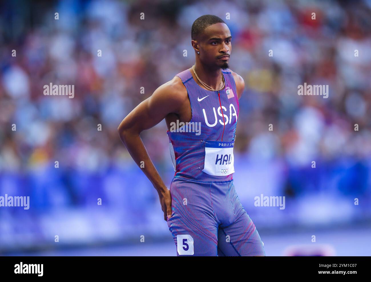 Quincy Hall participating in the 400 meters at the Paris 2024 Olympic ...