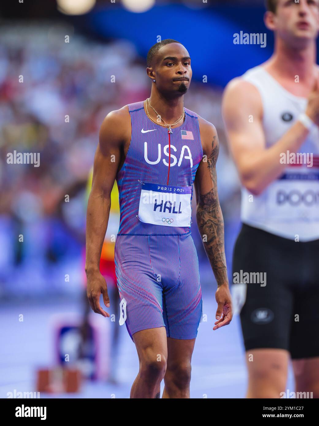 Quincy Hall participating in the 400 meters at the Paris 2024 Olympic ...