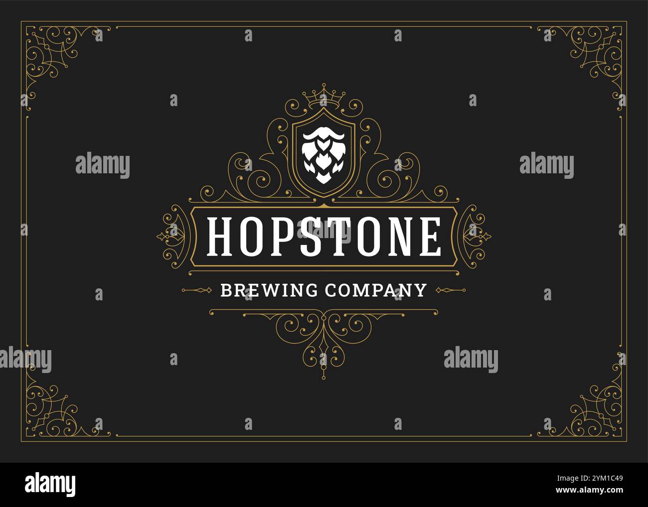 Vintage flourishes ornament logo for beer pub with hops crown design ...