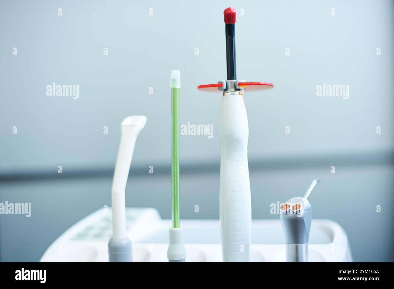 Dental tools displayed on a tray in a modern clinic used for patient ...