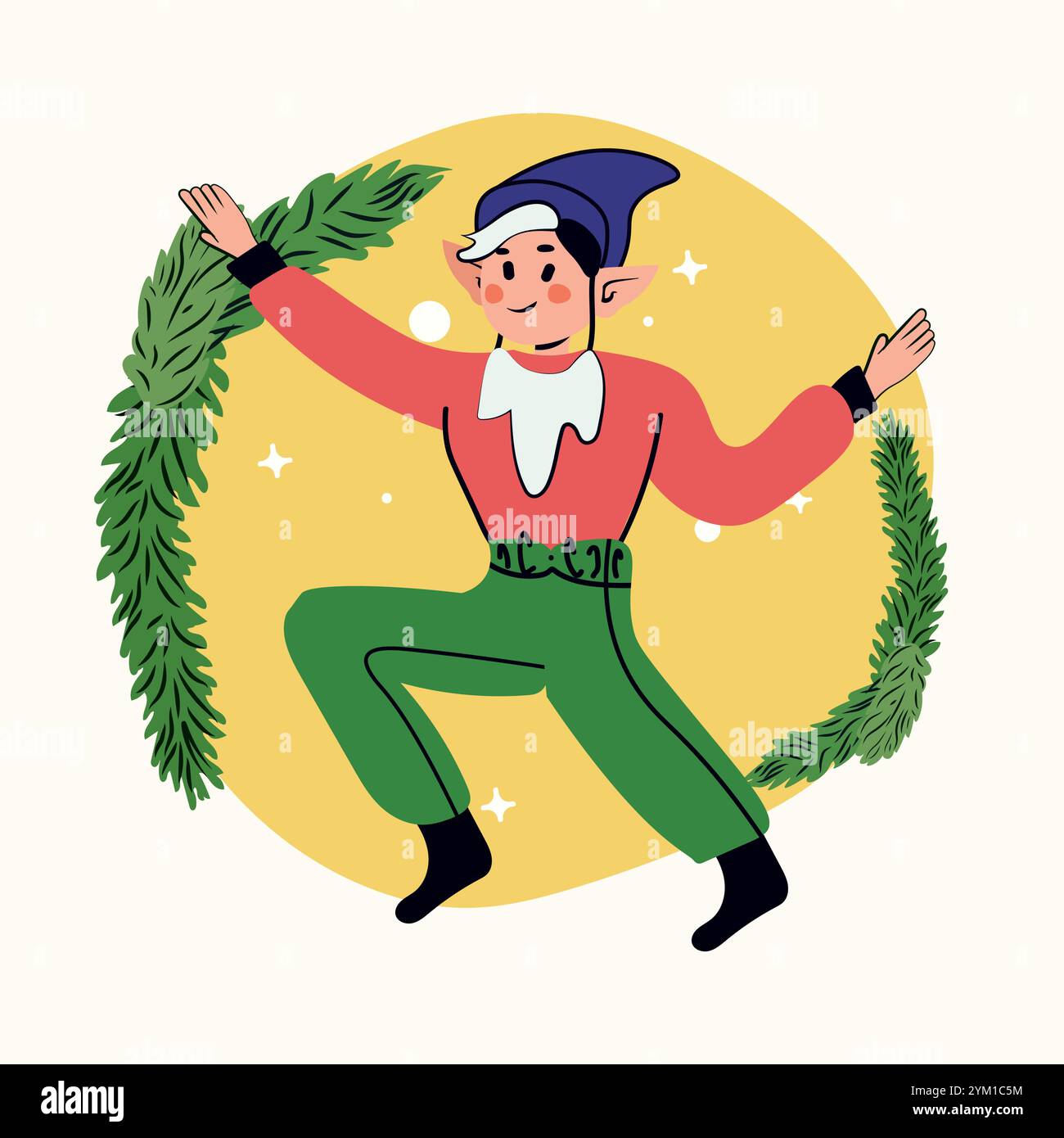 Elf dancing joyfully surrounded by greenery festive playful character ...