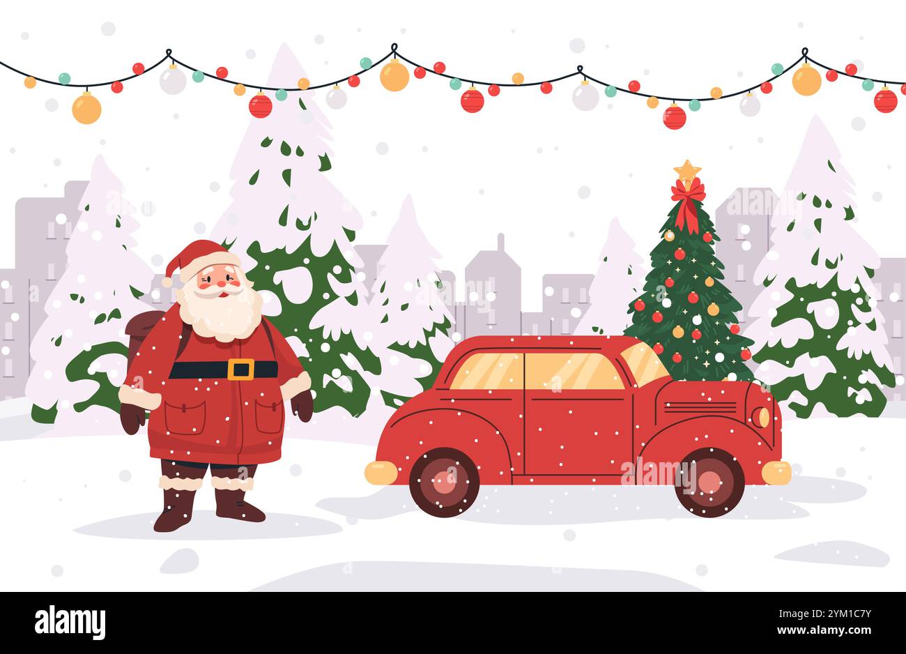 Santa Claus Christmas scene with vintage car snowy winter landscape ...