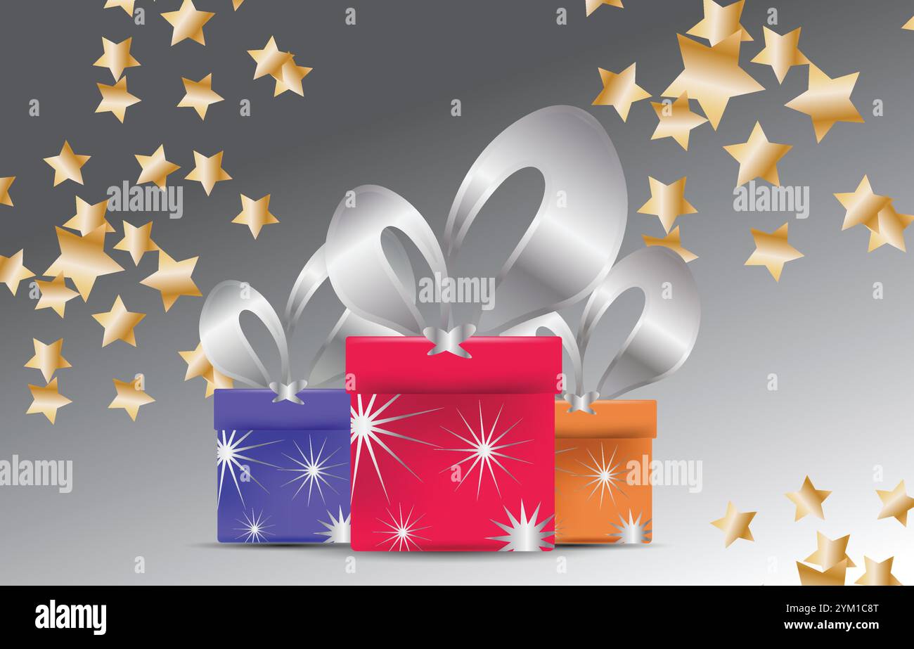 Festive illustration featuring colorful gift boxes adorned with silver ...