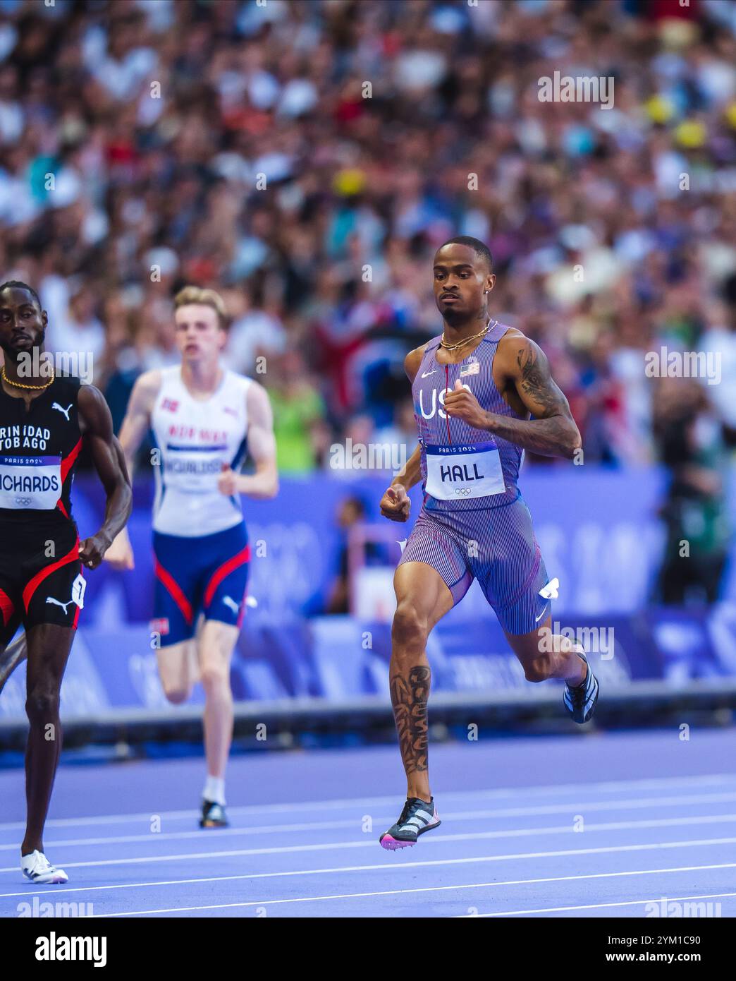 Quincy Hall participating in the 400 meters at the Paris 2024 Olympic ...