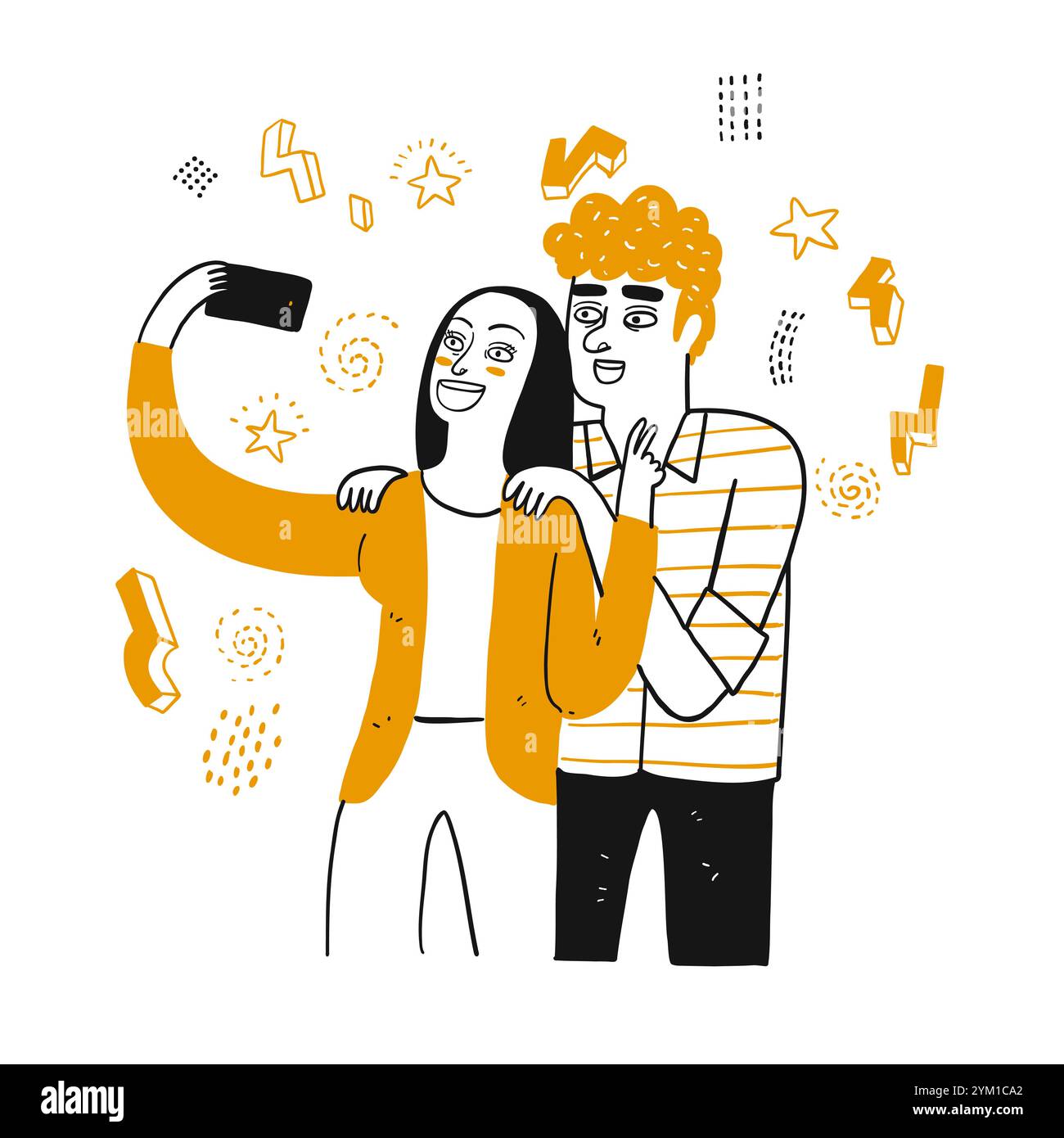 Selfie of couple smiling having fun together. Vector Illustration, Hand ...