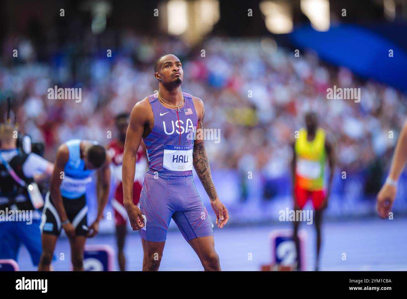 Quincy Hall participating in the 400 meters at the Paris 2024 Olympic ...