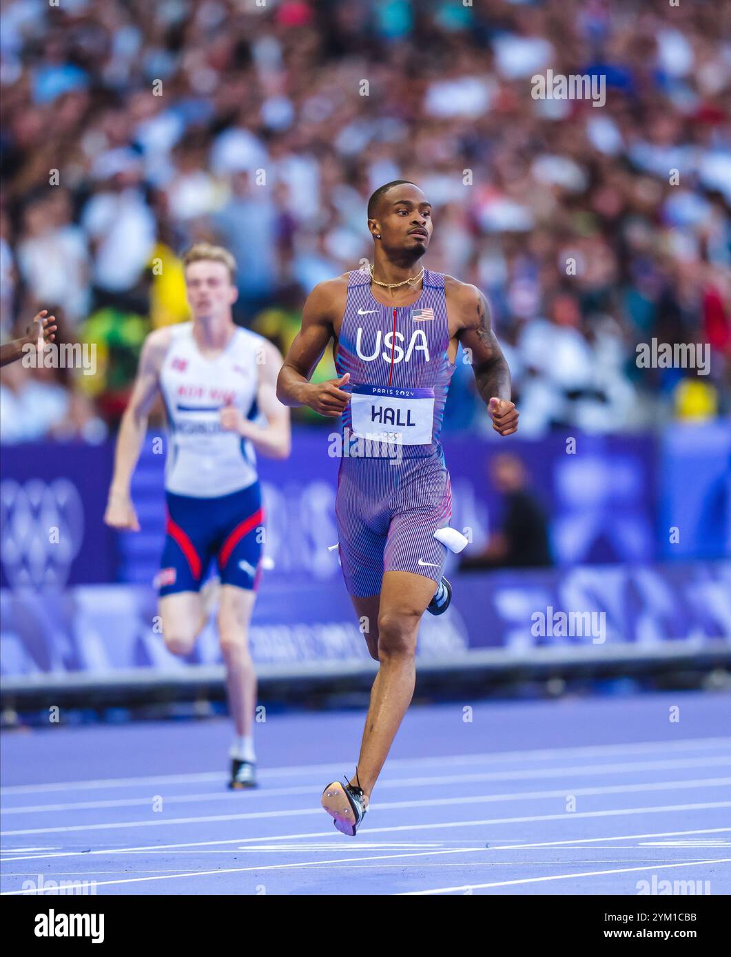 Quincy Hall participating in the 400 meters at the Paris 2024 Olympic ...