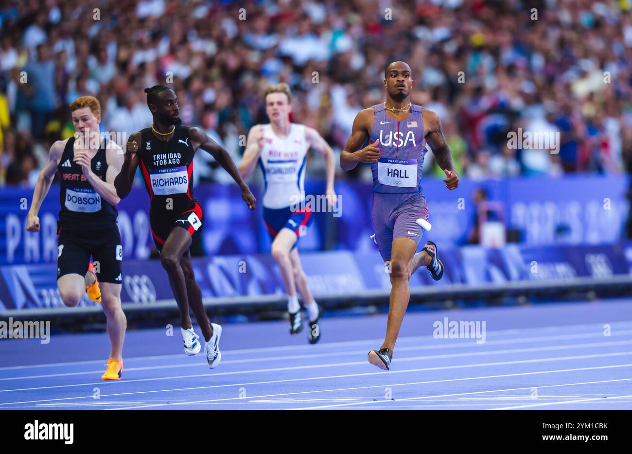 Quincy Hall participating in the 400 meters at the Paris 2024 Olympic ...