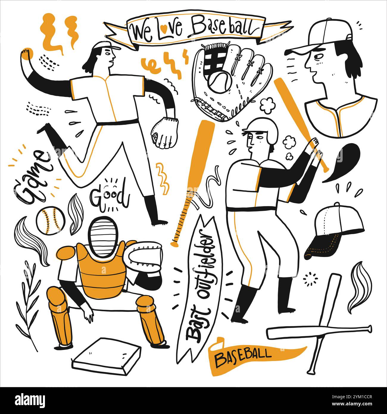 Activities of people who are playing baseball, Hand drawn vector ...