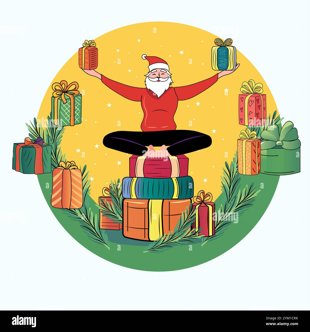 Santa meditating on gifts peaceful holiday scene presents colorful ...