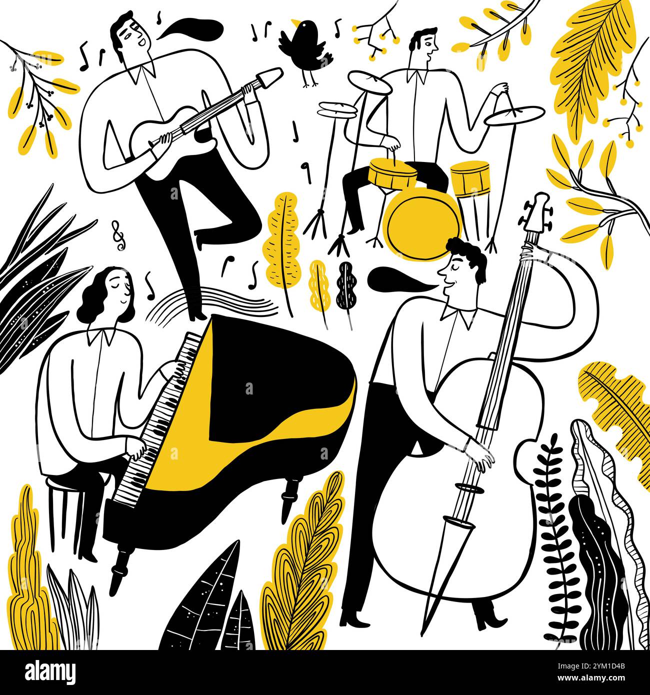 Hand drawing the musicians playing music. Vector Illustration doodle ...