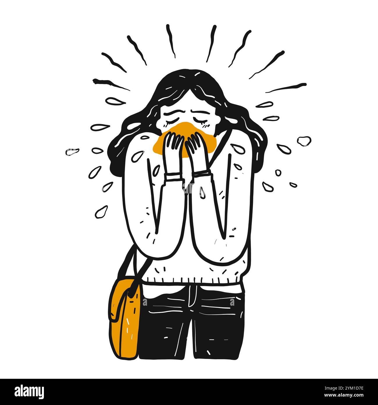 A sick girl is sneezing. The prevention of contagious diseases. Hand ...