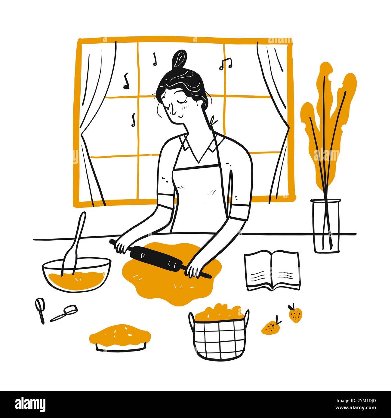 Young Woman Cooking in the kitchen.Hand drawn Vector Illustration in ...