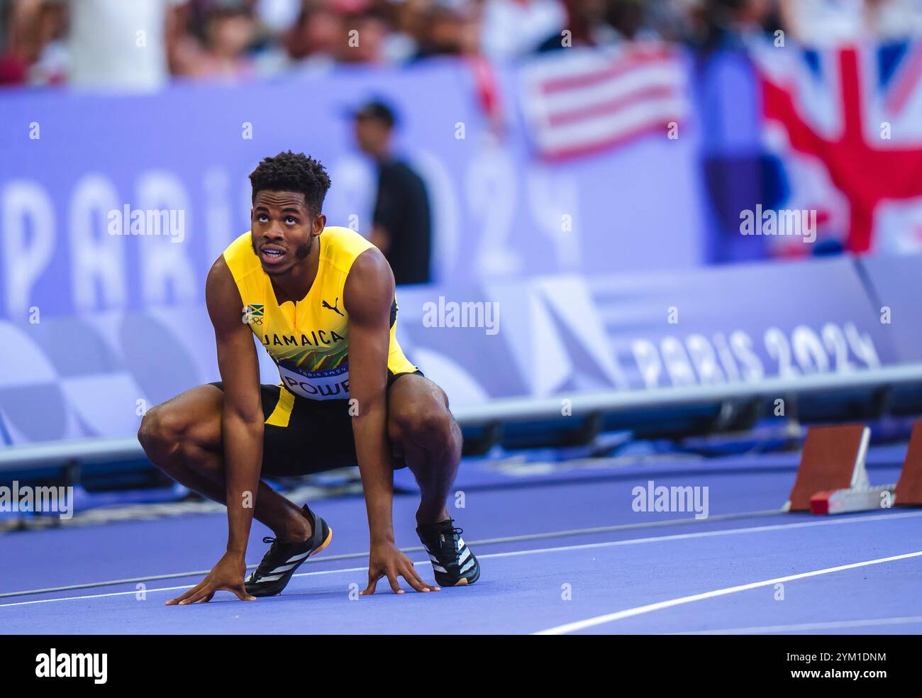 Jevaughn Powell participating in the 400 meters relay at the Paris 2024 ...
