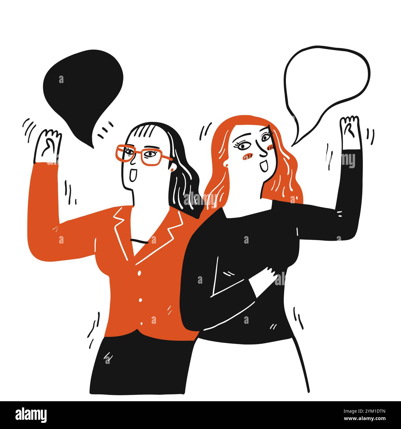 Collection of hand drawn two girls say hi to each other.Vector ...