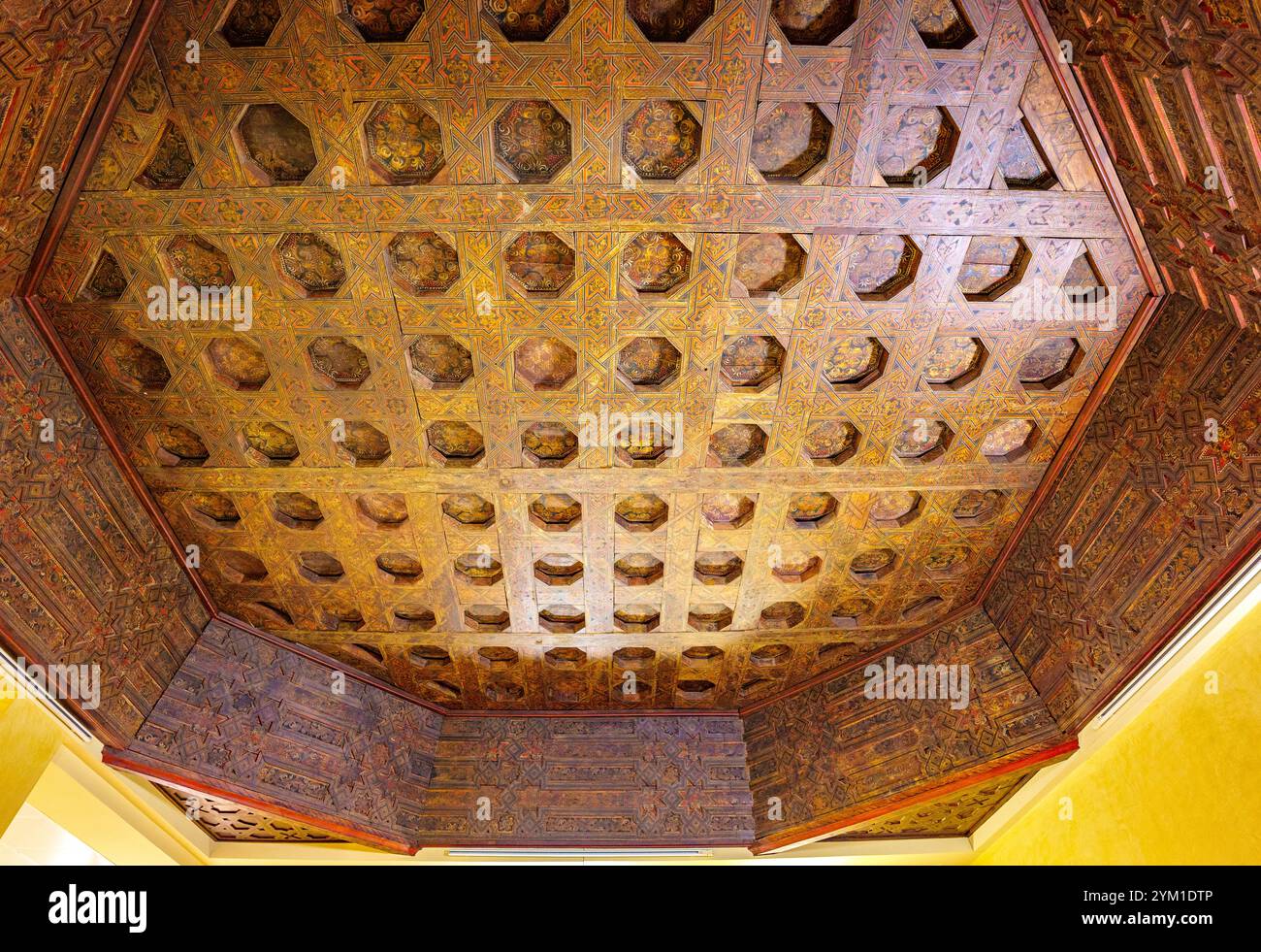 Octagonal coffered ceiling with intricate woodwork in the Palacio de ...