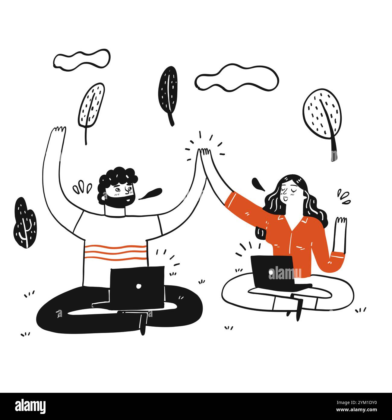 Collection of hand drawn man and girl sit in the park doing Hi5 with ...