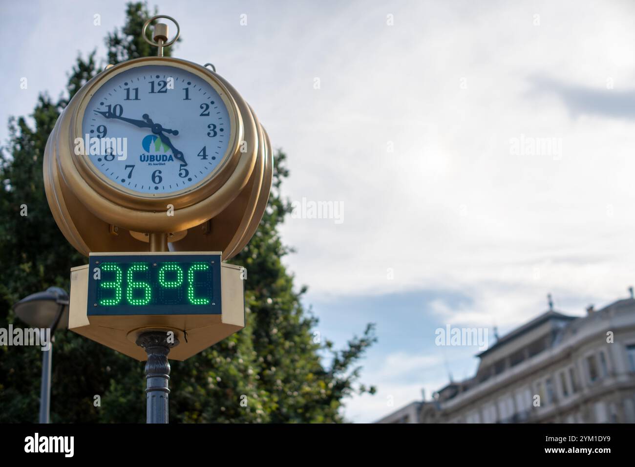 Budapest, Hungary - August 24, 2024: Street temperature display ...