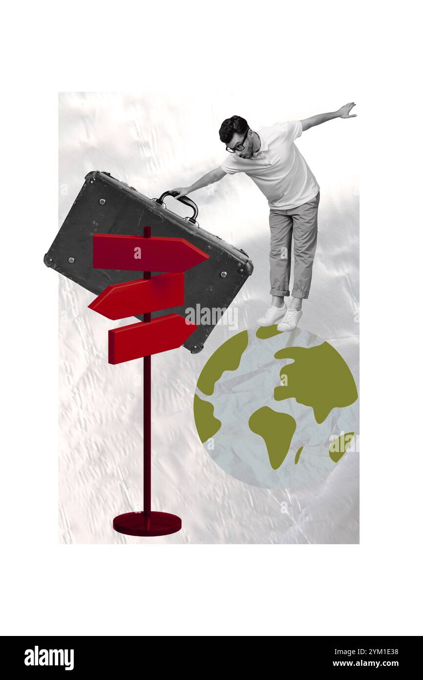 Vertical photo collage of astonished man stand globe map hold suitcase ...