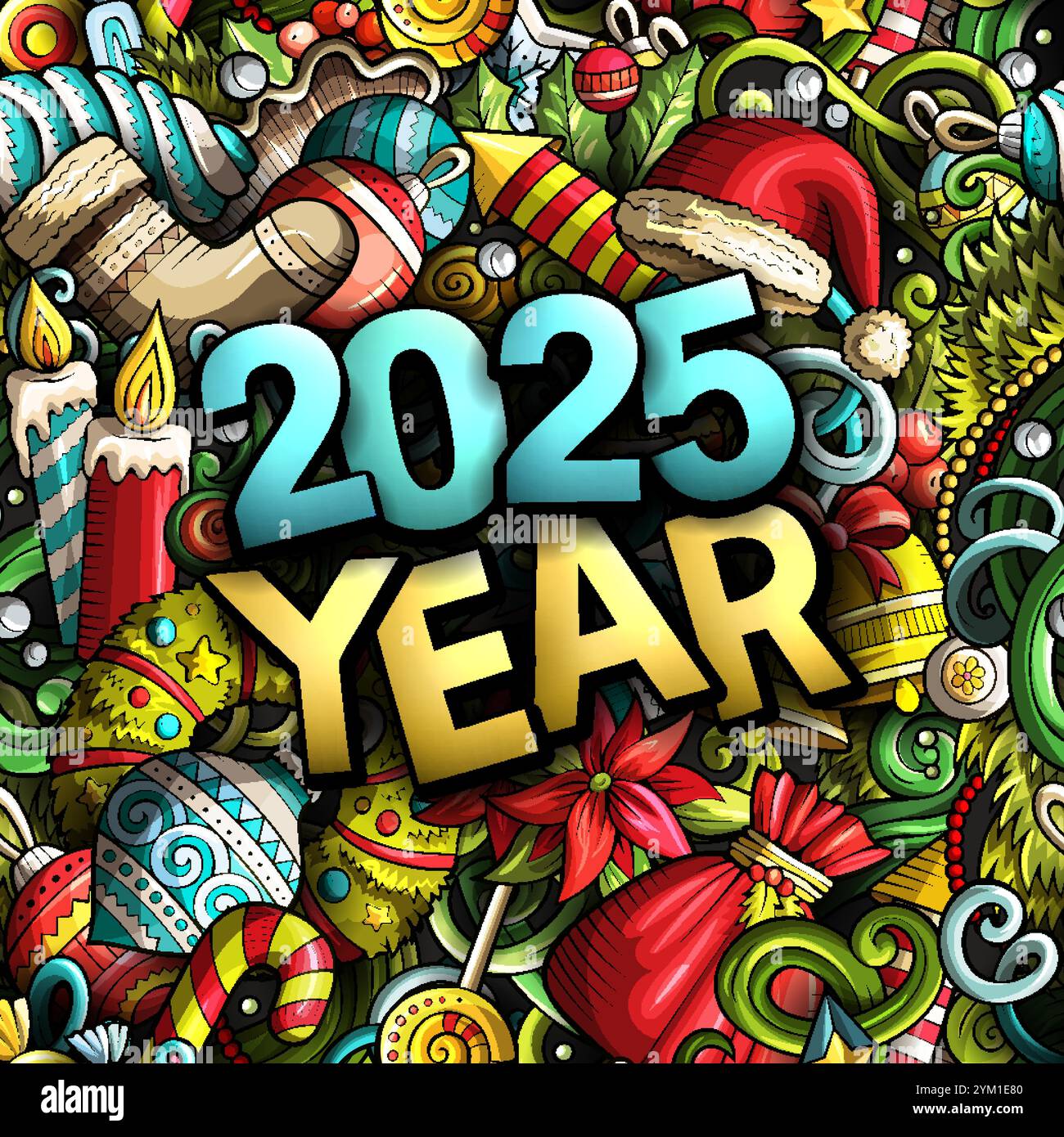 2025 doodles illustration. New Year objects and elements design ...