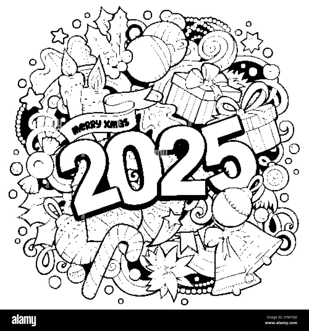 2025 doodles illustration. New Year objects and elements design ...