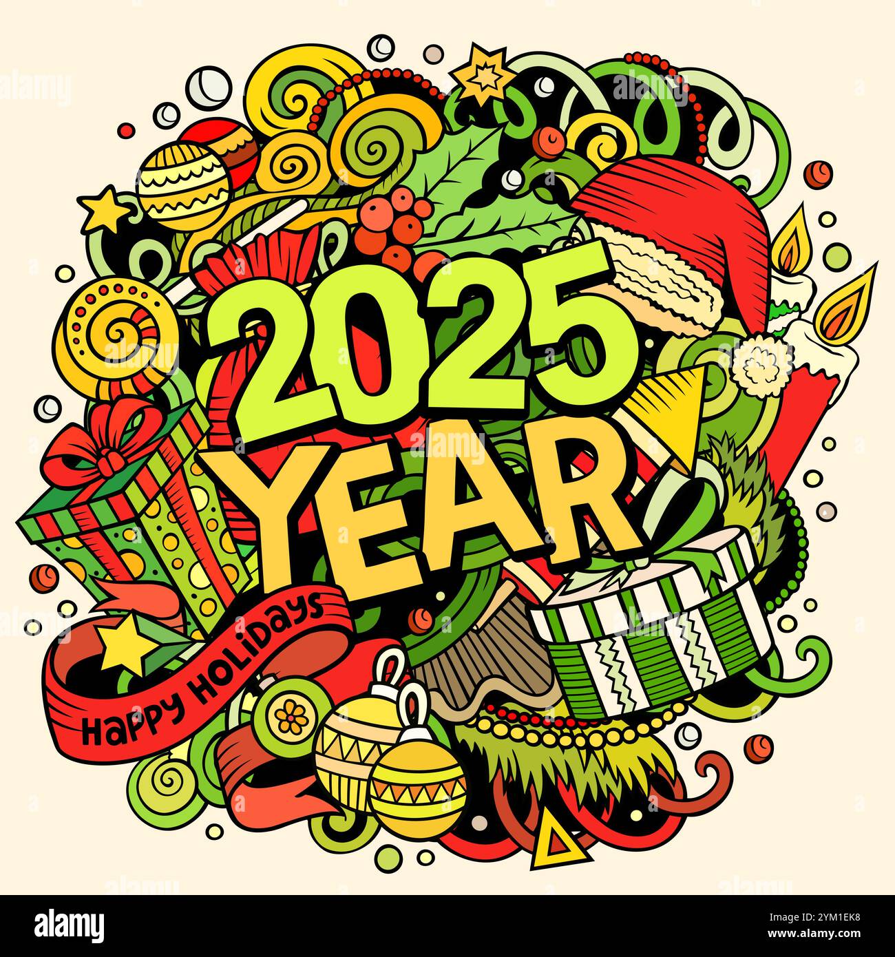 2025 doodles illustration. New Year objects and elements design ...