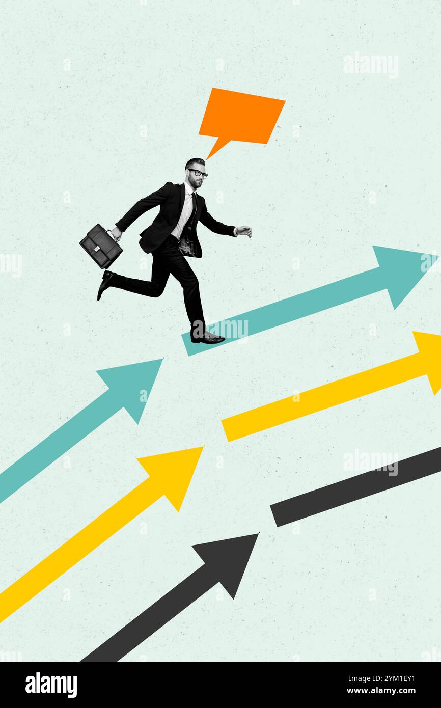 Vertical photo collage of serious businessman run direction arrow carry ...