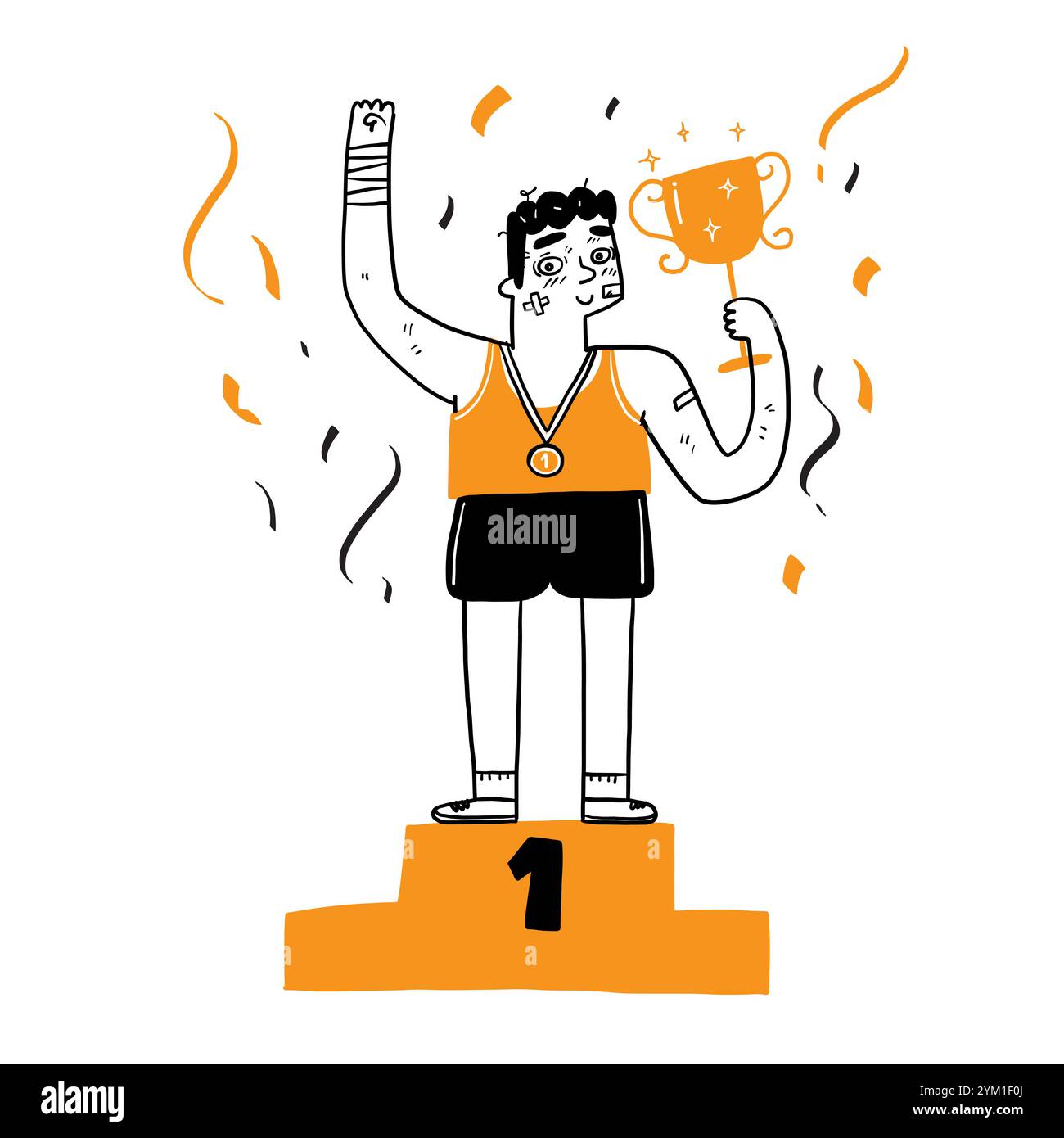 Young man athletes standing up for trophies on the podium, as the ...