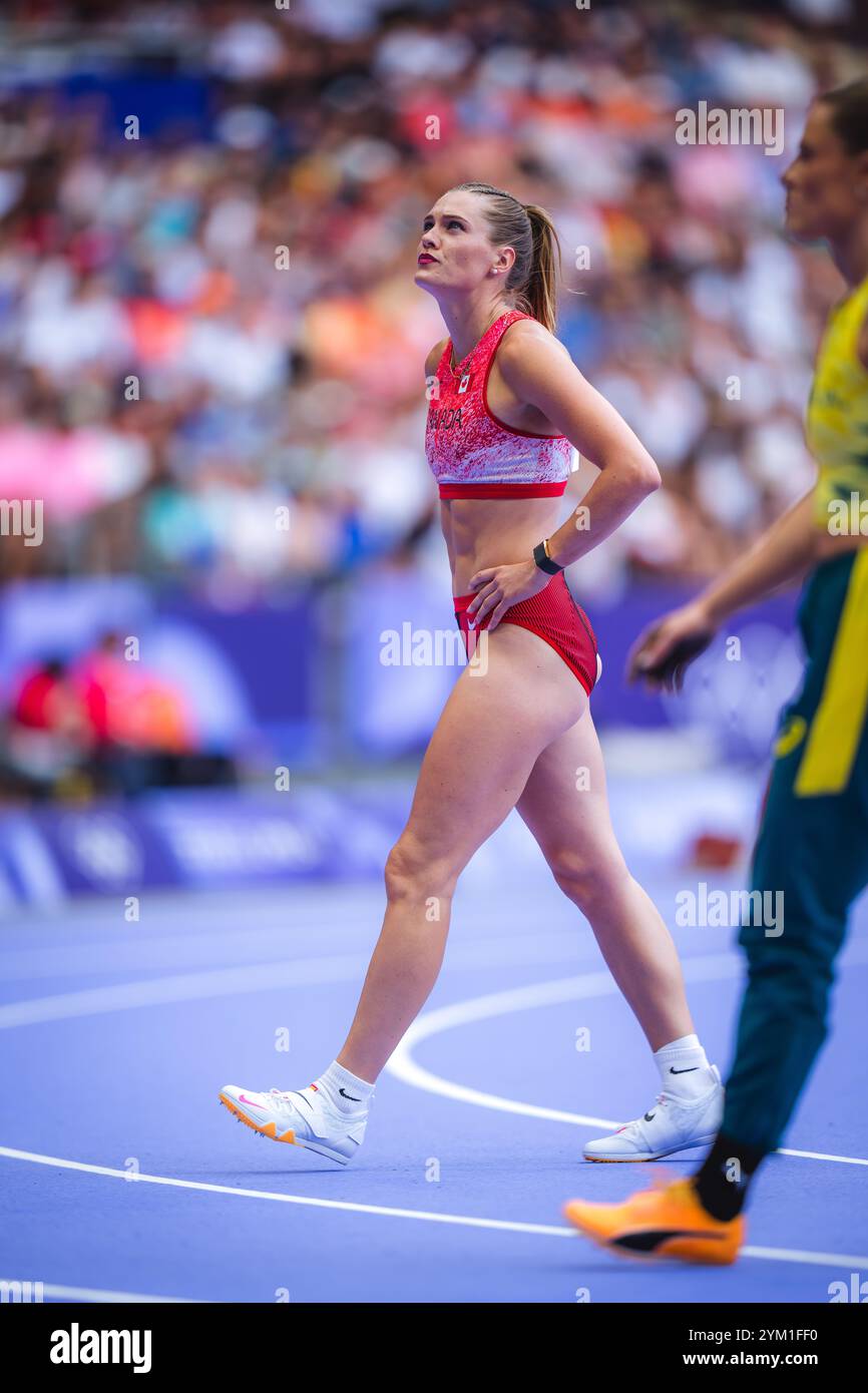 Alysha Newman participating in the pole vault at the Paris 2024 Olympic ...