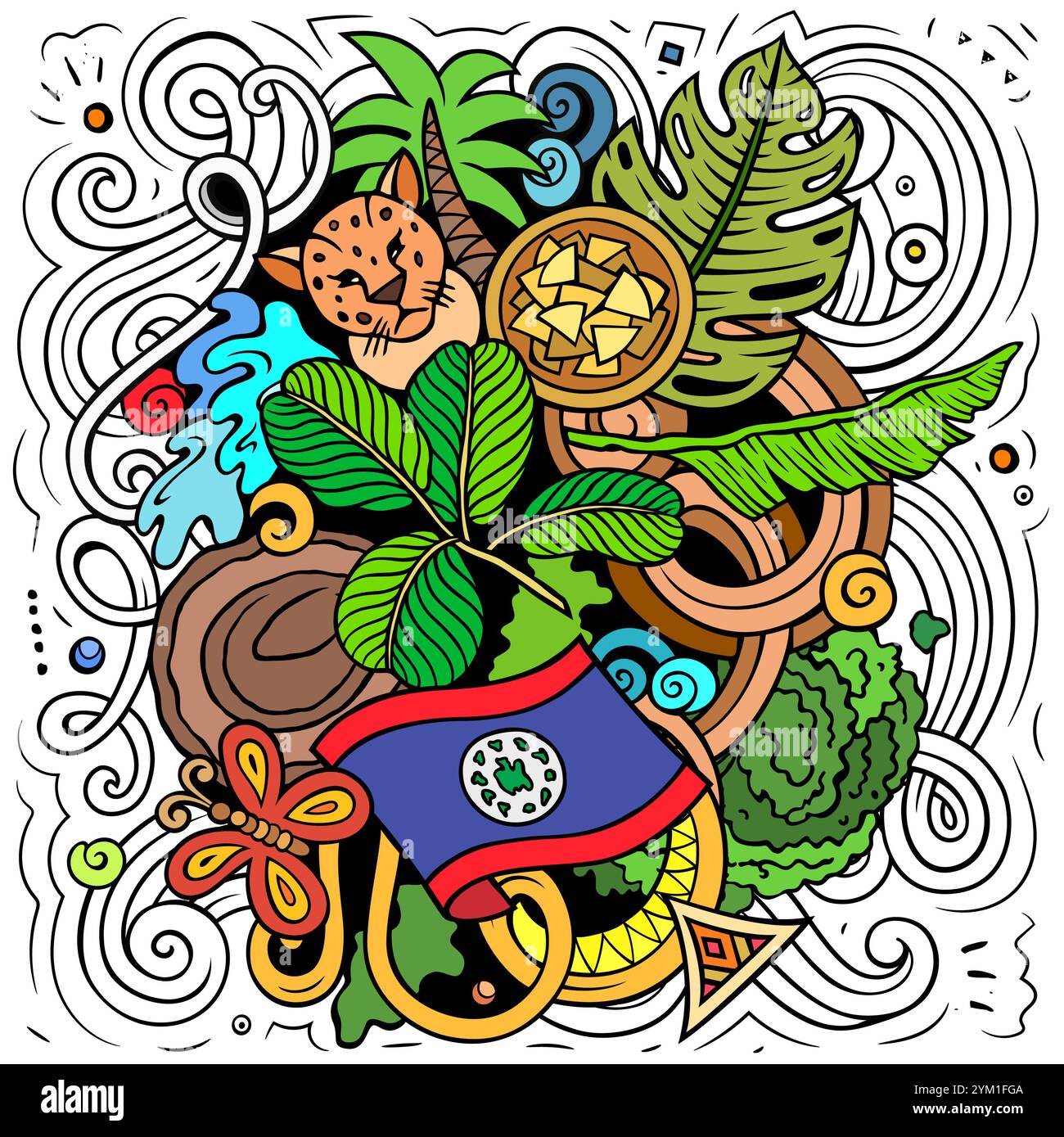 Vector funny doodle illustration with Belize theme. Colorful design ...