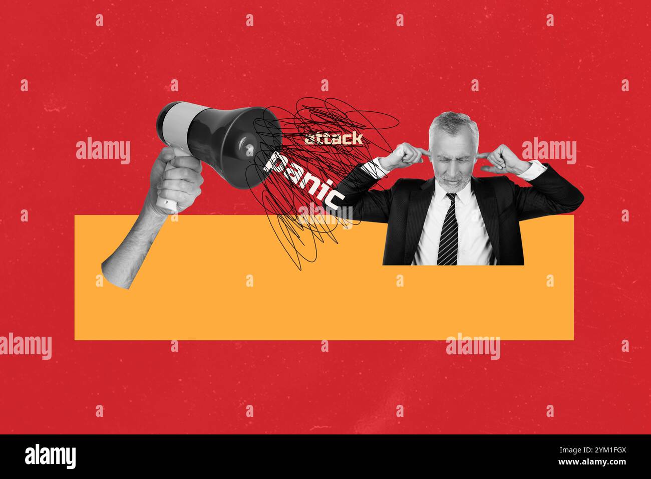 Composite photo collage of upset man shut ears hand hold megaphone ...