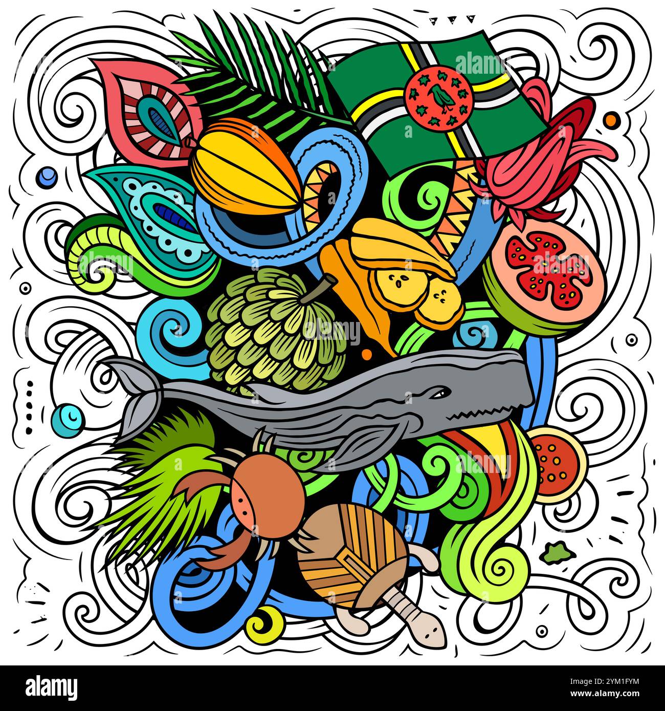 Vector funny doodle illustration with Dominica theme. Colorful design ...