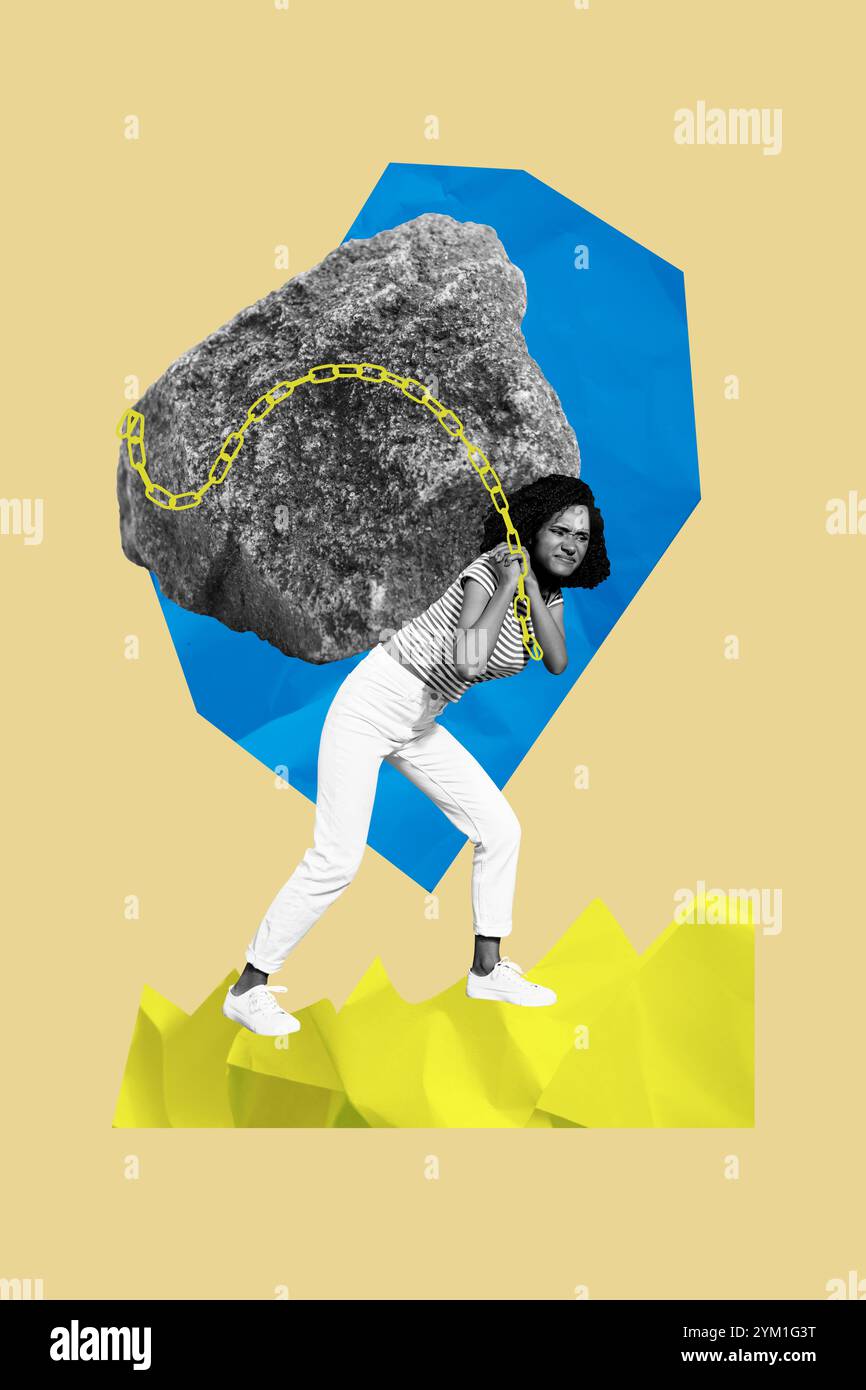 Vertical photo collage of puzzled american girl carry big stone chain ...