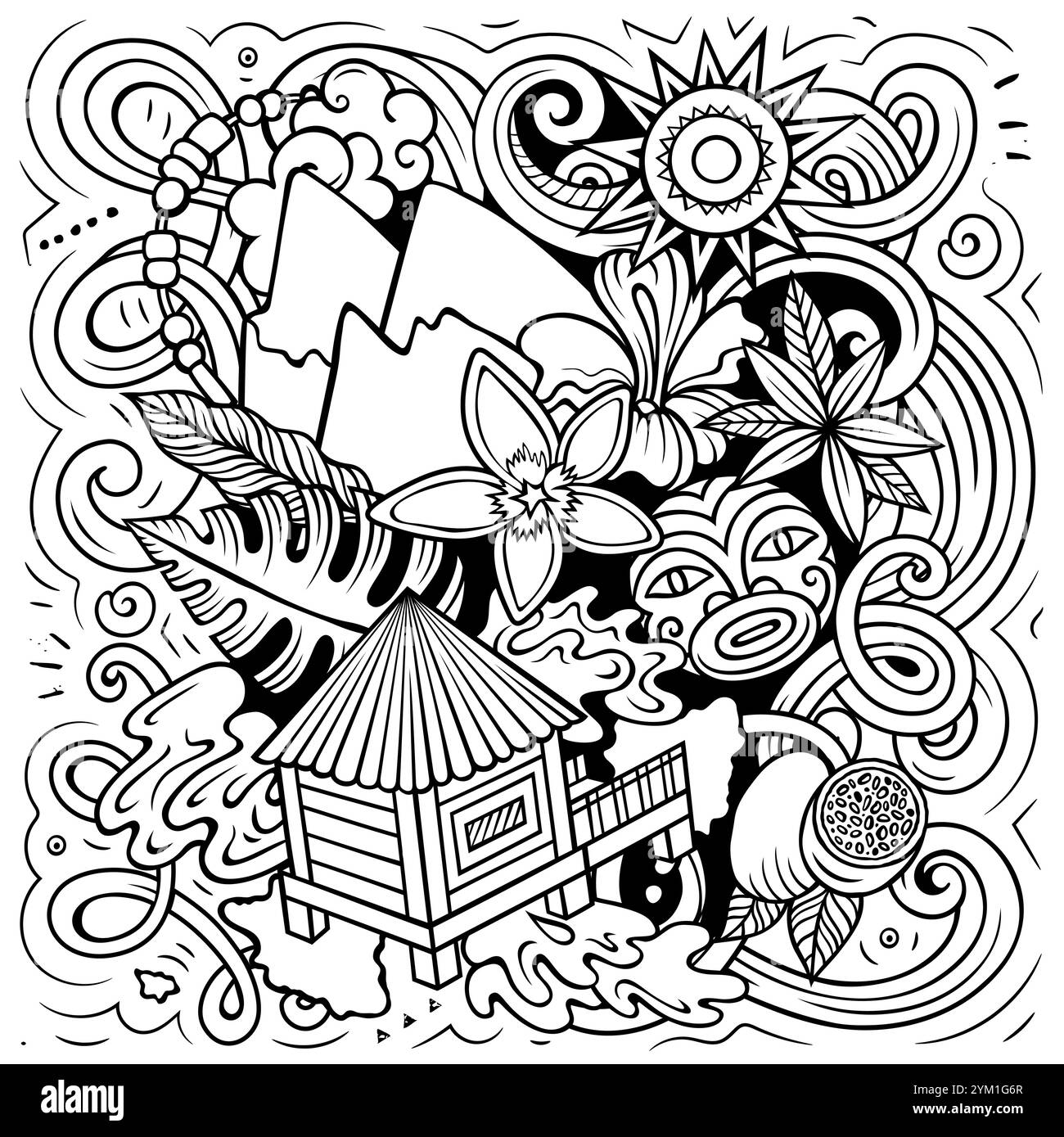 Tahiti hand drawn cartoon doodle illustration. Creative funny vector background with French ...