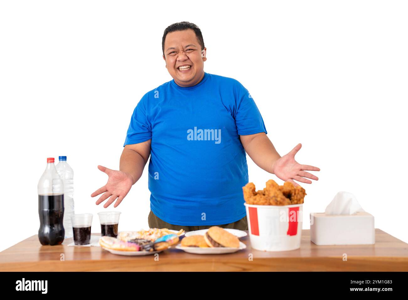 A Joyful Man Happily Enjoying a Lavish Feast of Fried Chicken and ...