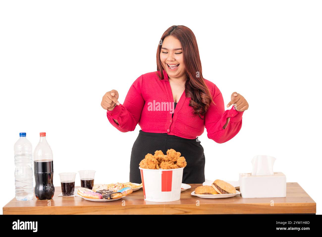 Excited Woman Happily Enjoying a Lavish Feast Filled with Fried Chicken ...