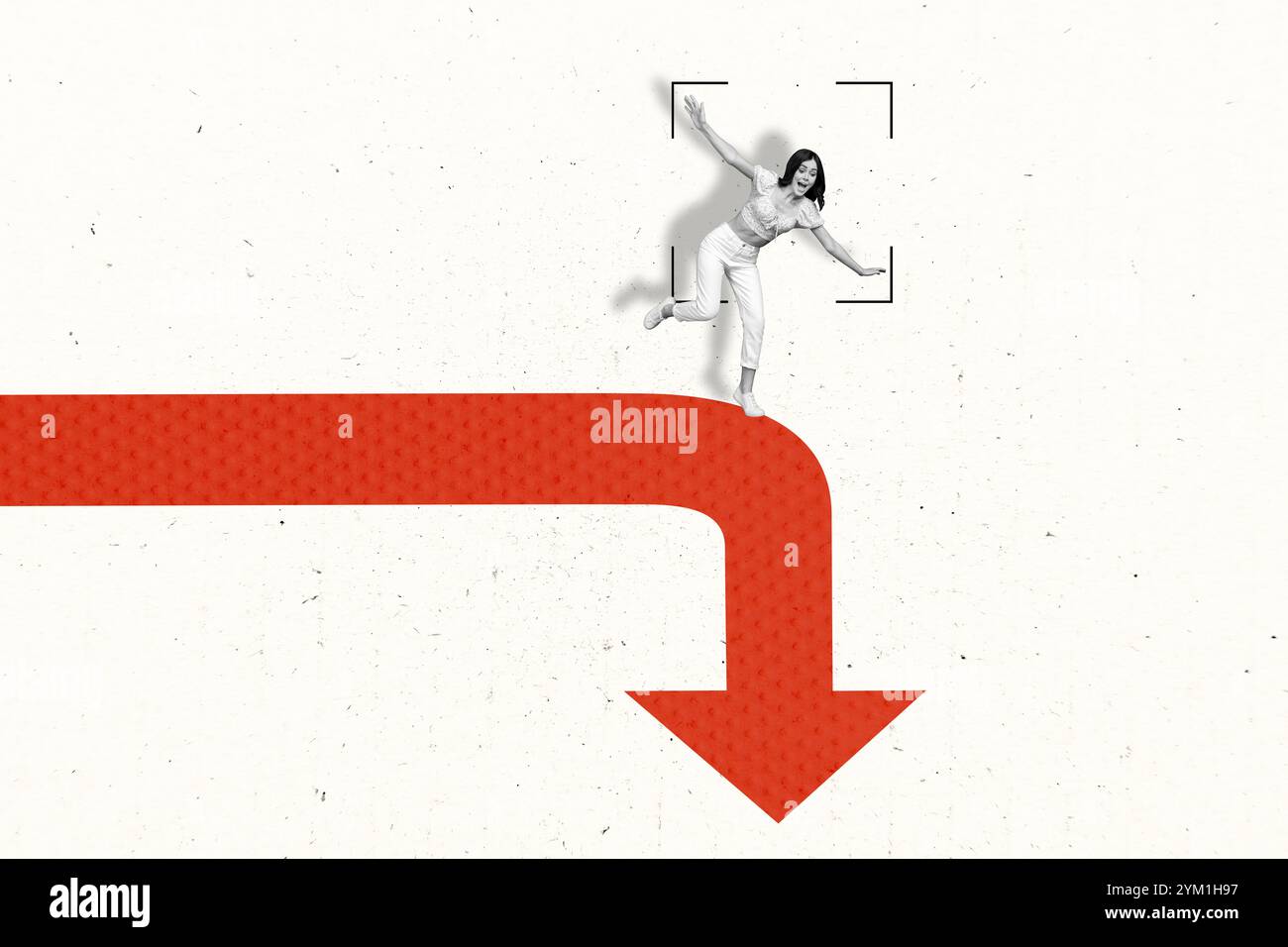 Composite photo collage illustration of unlucky funny businesswoman graphics falling down arrow ...