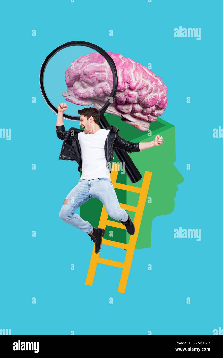 Vertical collage young ambitious man jump ladder victory celebrate ...