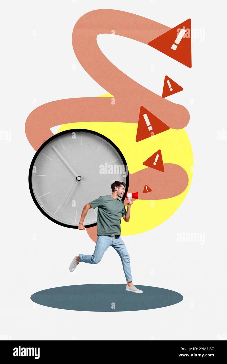 Vertical photo collage of boss man run scream megaphone alert sign ...