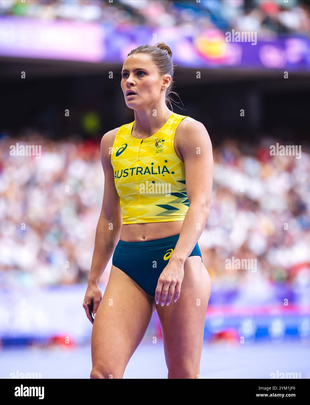 Nina Kennedy participating in the pole vault at the Paris 2024 Olympic ...