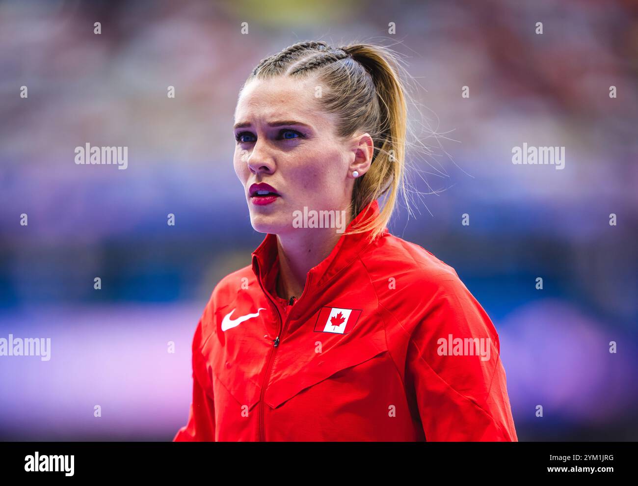 Alysha Newman participating in the pole vault at the Paris 2024 Olympic ...