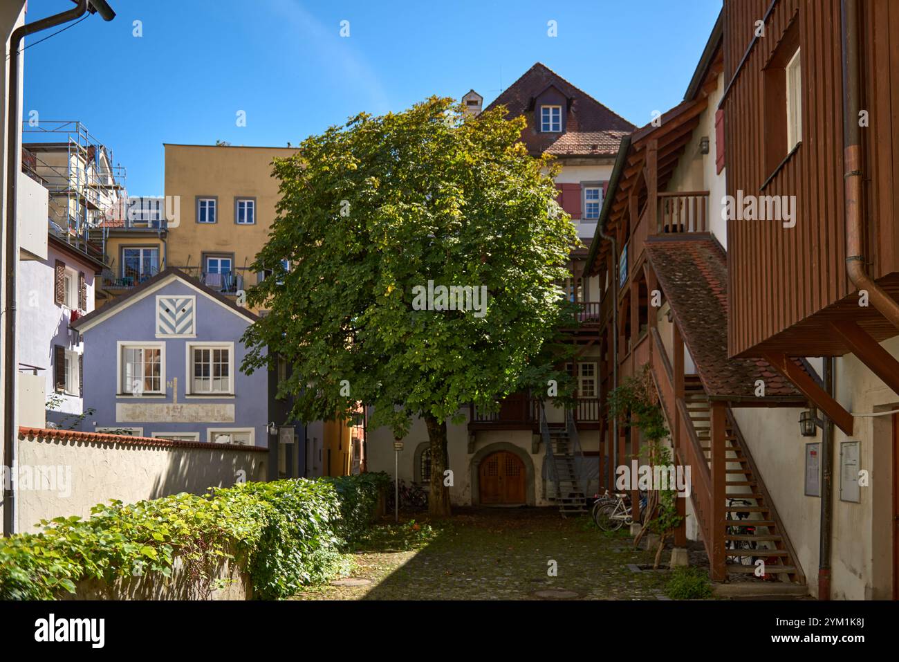 This captivating image portrays a charming medieval courtyard garden ...