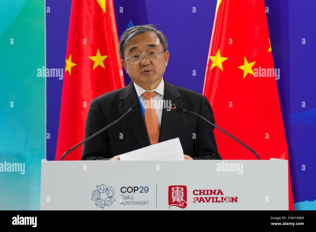 Liu Zhenmin, China climate envoy, speaks at the China Pavilion during ...