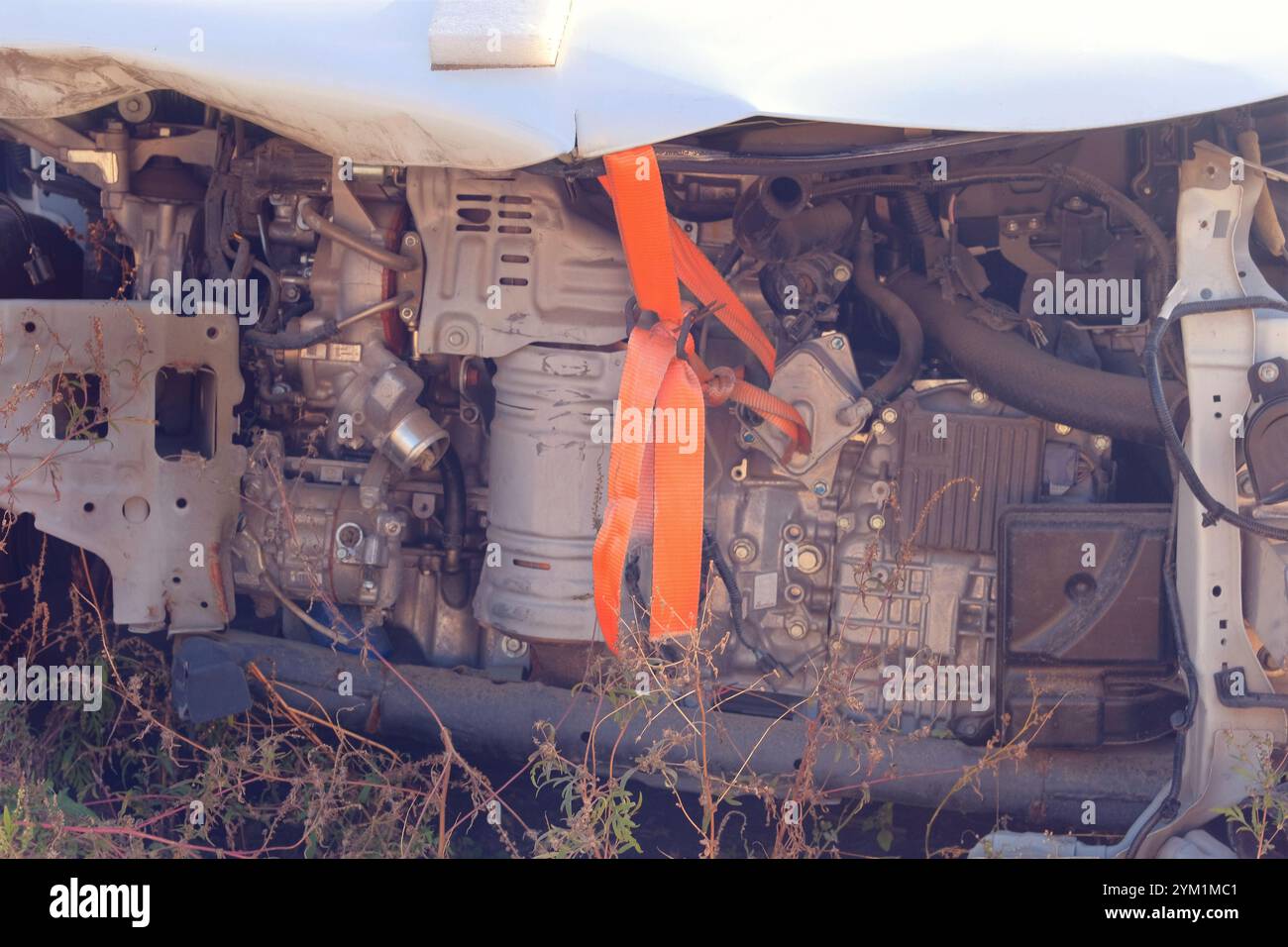 Hood and engine compartment of car after a strong crash. Front part of ...