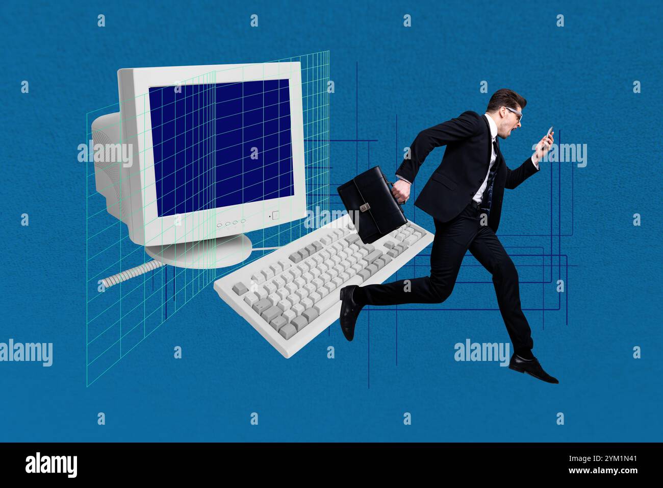 Composite photo collage of angry businessman run broke computer monitor ...