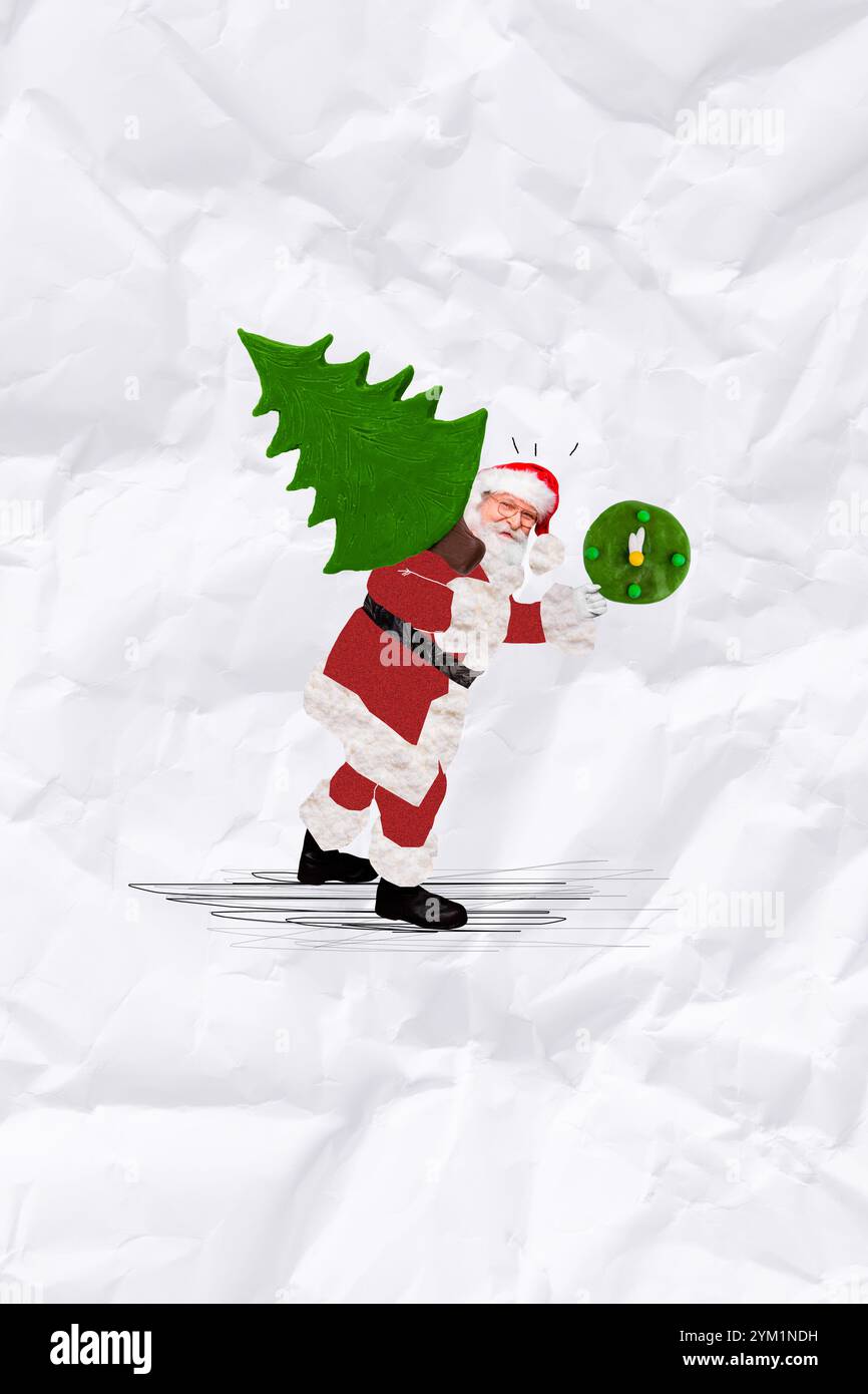 Vertical collage of funky grandfather santa walk carry evergreen ...